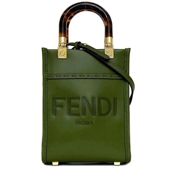 フェンディ 2way バッグ サンシャイン ショッパー f-21527 カーキグリーン べっ甲柄 8BS051 美品 レザー 中古 FENDI ロゴ ショルダーバッグ トップハンドル ミニバッグ ミニ コンパクト 女性 人気 定番 レディース 高級感 お洒落 緑 ブランド 本物 鑑定済み