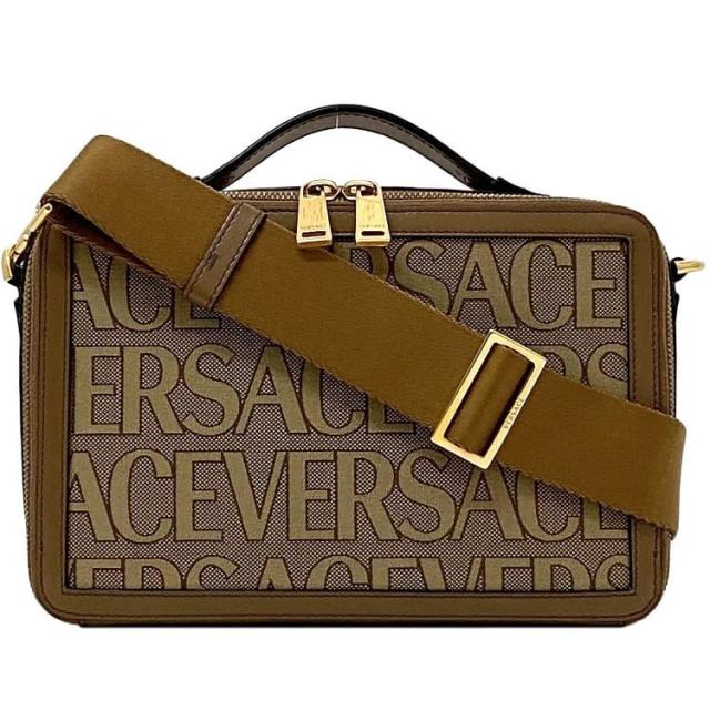 ヴェルサーチ ２way ショルダー バッグ f-21651 ブラウン ベージュ 2023 10017691A07951 2N24V 美品 トランク レザー 中古 ICタグ反応有 VERSACE ロゴ ボックス クロスボディ ファスナー バニティ トップハンドル セカンドバッグ 茶色 ブランド 本物 鑑定済み