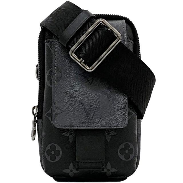 ルイ ヴィトン ショルダーバッグ ダブル フォンポーチ f-22252 ブラック グレー モノグラム エクリプス リバース M81321 美品 モノグラムキャンバス 中古 ICタグ反応有 LOUIS VUITTON クロスボディ ミニバッグ フラップ シンプル 黒 ブランド 本物 鑑定済み