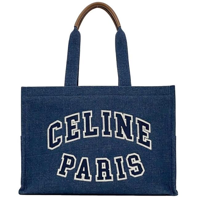 セリーヌ トートバッグ ラージカバ f-22494 ブルー 美品 トート デニム レザー 中古 H-IP-9796 CELINE 大容量 青 ロゴ 刺繍 自立 書類 肩掛け 軽い レア デニムバッグ レディース メンズ 男女兼用 デニムバッグ a4 ブランド 本物 鑑定済み