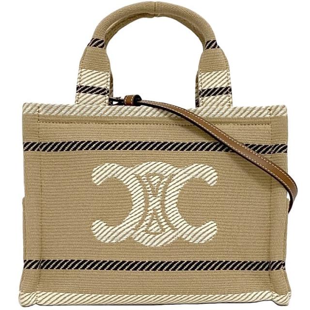 セリーヌ ２way バッグ カバ タイス スモール f-22695 ベージュ トリオンフ 美品 ショルダーバッグ キャンバス レザー 中古 U-GA-1242 CELINE ハンドバッグ ロゴ ボーダー 自立 ミニバッグ 軽い 肩掛け 使いやすい 人気 定番 シンプル ブランド 本物 鑑定済み