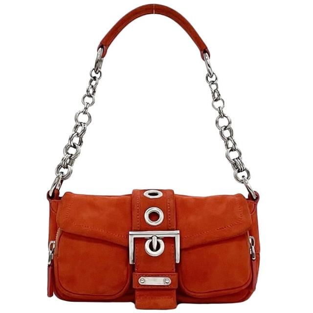 プラダ セミショルダーバッグ f-22732 オレンジ 美品 スエード レザー 中古 PRADA チェーン フラップ ヴィンテージ 三角 ロゴ プレート肩掛け ハンドバッグ フラップ トライアングルロゴ チェーンバッグ ベルト モチーフ 女性 男性 ブランド 本物 鑑定済み