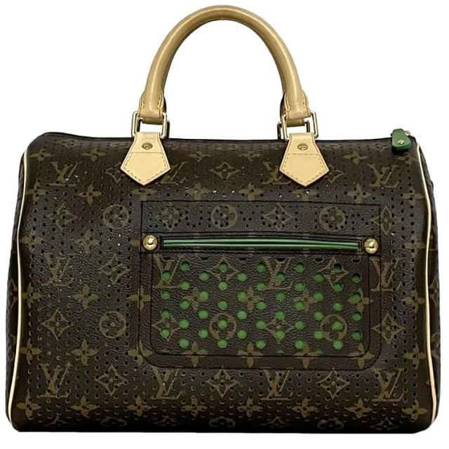 ルイ ヴィトン ハンドバッグ スピーディ 30 f-22768 ブラウン グリーン ベージュ モノグラム ペルフォ M95181 美品 モノグラムキャンバス ヌメ革 中古 SP0026 LOUIS VUITTON ミニボストン バッグ ファスナー パドロック ロゴ 総柄 茶色 ブランド 本物 鑑定済み