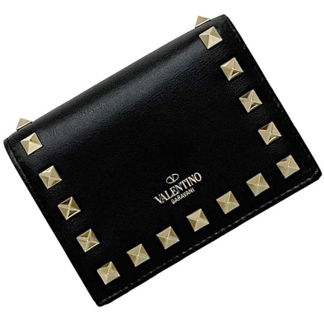 ヴァレンティノ ガラヴァーニ 二つ折り 財布 f-23016 ブラック ロックスタッズ 1W0P0P39B0L 美品 レザー 中古 VALENTINO GARAVANI スタッズ 黒 フラップ ホック コンパクト 折り財布 本革 定番 人気 箱付き レディース ロゴ ブランド 本物 鑑定済み