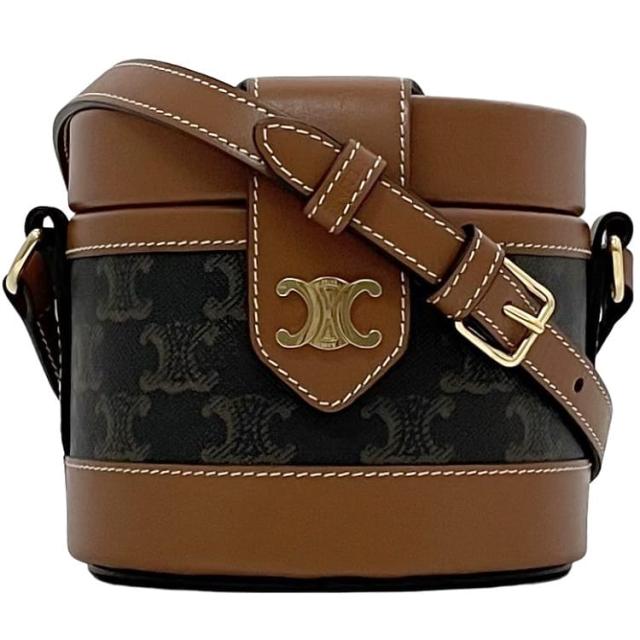 セリーヌ ショルダーバッグ タンブール f-23049 ブラウン トリオンフ キャンバス ミディアム 19519 90226721 美品 PVC レザー 中古 S-GN-4220 CELINE バケット 茶色バッグ クロスボディ ロゴ 金具 ゴールド金具 レディース ボックス ブランド 本物 鑑定済み