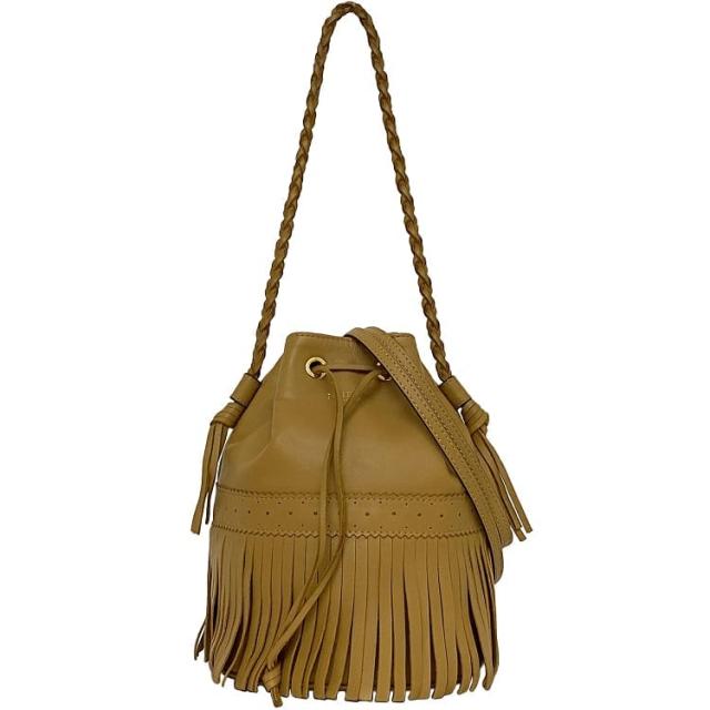 ジェイアンドエム デヴィッドソン 巾着 バッグ カーニバル f-23316 キャメルブラウン 美品 レザー 中古 MBA J&M DAVIDSON ２way フリンジ クロスボディ 肩掛け ハンドバッグ ショルダーバッグ レディース 定番 人気 巾着バッグ 茶色 ブランド 本物 鑑定済み