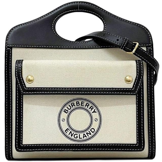 バーバリー ２way バッグ ポケットバッグ f-23460 ナチュラル ホワイト ブラック 8028058 美品 キャンバス レザー 中古 BURBERRY ハンドバッグ クロスボディ フラップ ポケット ロゴ ジャガード 白 黒 ロゴプリント レディース メンズ ブランド 本物 鑑定済み