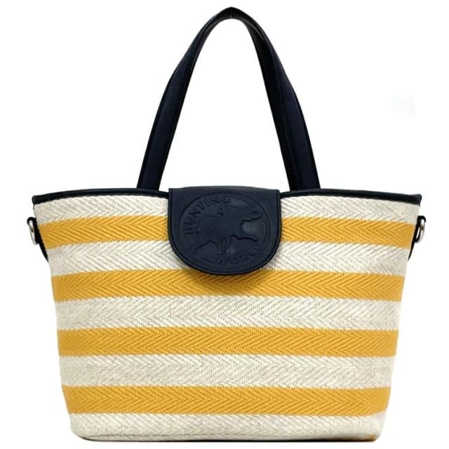 ハンティングワールド トートバッグ アットイーズトラディション イビザ ec-23533 イエロー ベージュ ネイビー 美品 コットン キャンバス レザー 中古 HUNTING WORLD ボーダー フラップ 軽い ファスナー 定番 人気 黄色 トート 高級感 ブランド 本物 鑑定済み