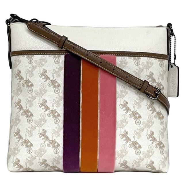 コーチ ショルダーバッグ ec-23540 ホワイト ブラウン ホースアンドキャリッジ 89608 美品 PVC レザー 中古 COACH クロスボディ ロゴ ファスナー 定番 人気 レディース 薄い お洒落 白色 白 通勤 通学 仕事 ビジネス コンパクト 小さい ブランド 本物 鑑定済み