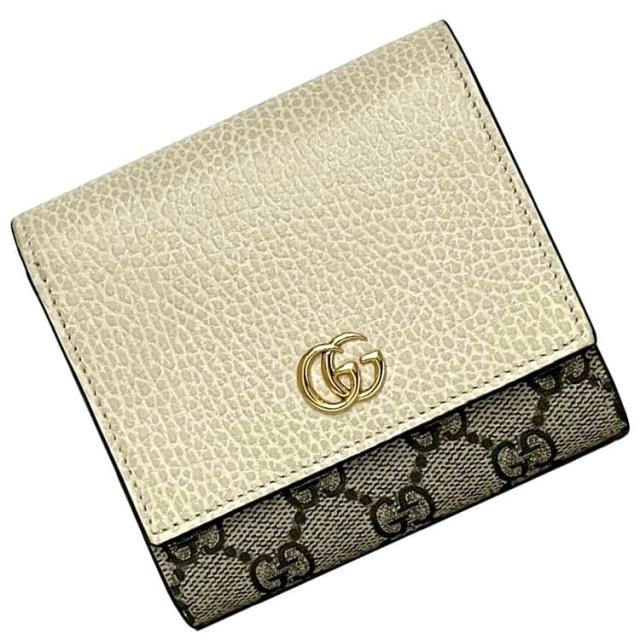 グッチ 二つ折り 財布 ec-23591 ベージュ ホワイト マーモント 598587 美品 PVC レザー 中古 2184 GUCCI GG 白 コンパクト ミニ 折り財布 ゴールド金具 メンズ レディース 定番 人気 ホック ロゴ金具 使いやすい 大容量 シンプル ブランド 本物 鑑定済み