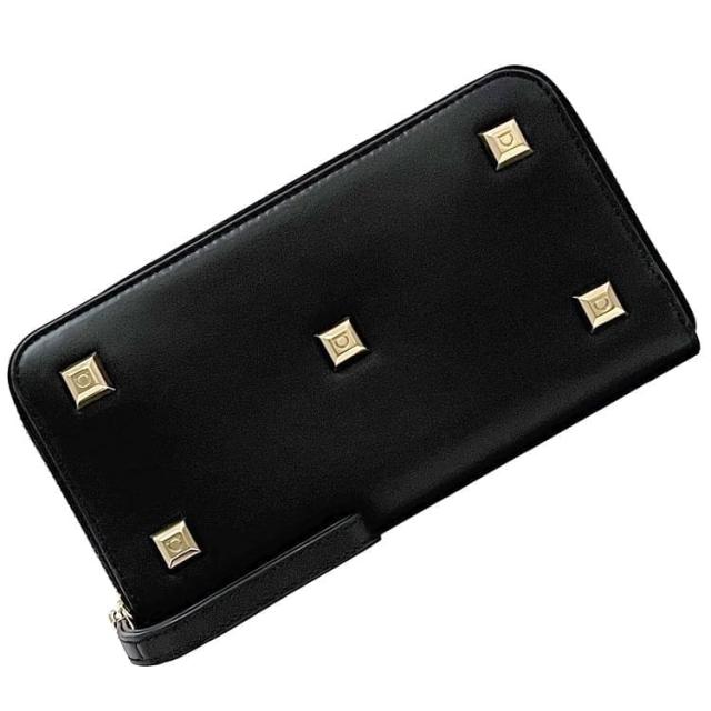 サルヴァトーレ フェラガモ ラウンドファスナー 長財布 ec-23664 ブラック ガンチーニ IY 22D572 美品 財布 レザー 中古 Salvatore Ferragamo ロゴ 黒 スタッズ ファスナー ストラップ ロングウォレット ゴールド金具 メンズ レディース ブランド 本物 鑑定済み