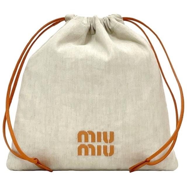 ミュウミュウ 巾着 バッグ ec-23740 ナチュラル オレンジ 2F7Z 5NG009 美品 キャンバス レザー 中古 miu miu ドローストリング 巾着ポーチ ミニバッグ ロゴ 刺繍 布地 メンズ レディース 男女兼用 定番 人気 シンプル ロゴステッチ ブランド 本物 鑑定済み