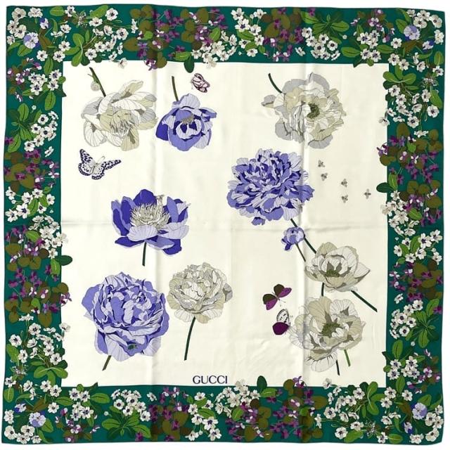 グッチ スカーフ ec-23838 グリーン ホワイト マルチカラー 大判 クリーニング済み 美品 シルク 100％ 中古 GUCCI アパレル 花 花柄 ガーデン レディース ヴィンテージ 女性 定番 人気 コレクション インテリア 緑 白 ブランド 本物 鑑定済み