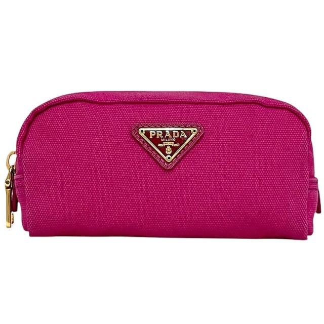 プラダ ポーチ ec-23864 ピンク カナパ 1N0175 美品 キャンバス レザー 中古 85/C PRADA ファスナー 小物入れ キャンバスポーチ レディース メンズ 定番 人気 コスメ 化粧ポーチ 三角 ロゴ プレート ゴールド金具 ロゴ金具 ブランド 本物 鑑定済み