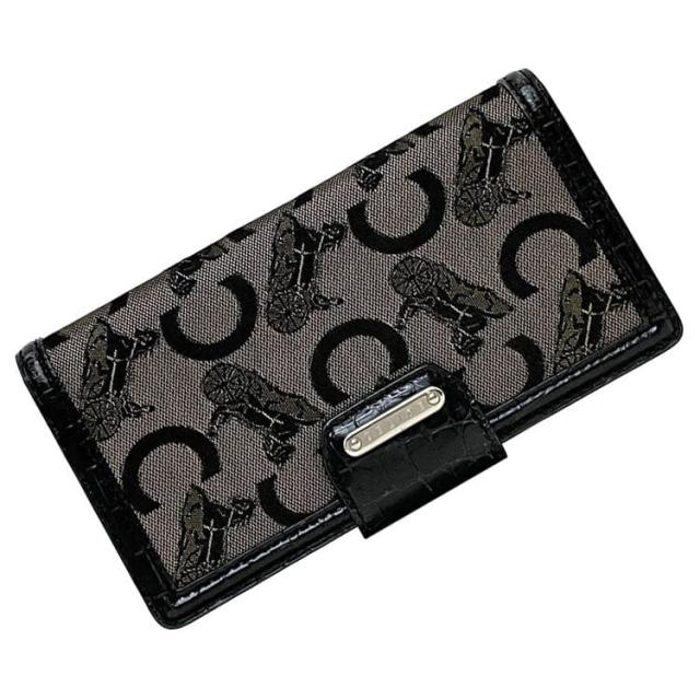 セリーヌ 二つ折り 長財布 ec-23892 ブラック ベージュ 馬車柄 Ｃ 財布 美品 キャンバス レザー 中古 WC-ST-0077 CELINE ホック 柄 ヴィンテージ ロゴ 定番 人気 レディース 女性 小物 黒色 黒 革 お洒落 ロング ウォレット 高級感 上品 ブランド 本物 鑑定済み