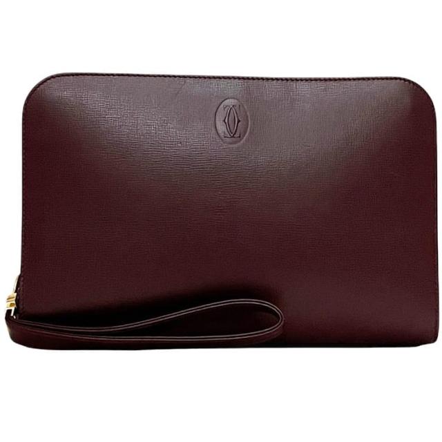 カルティエ セカンドバッグ ec-23971 ボルドー マスト 美品 レザー 中古 Cartier ストラップ ファスナー ワンポイント ロゴ メンズ 男性 ヴィンテージ 定番 人気 ヴィンテージ ワインレッド グレインレザー 大容量 軽い ブランド 本物 鑑定済み