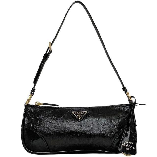 プラダ セミショルダーバッグ f-23942 ブラック NERO Re-Edition2002 1BC201 美品 レザー 中古 31/Ｄ PRADA 肩掛け ショルダーバッグ ファスナー ロゴ プレート 人気 定番 お洒落 高級感 エレガント シンプル 黒 レディース 女性 ブランド 本物 鑑定済み