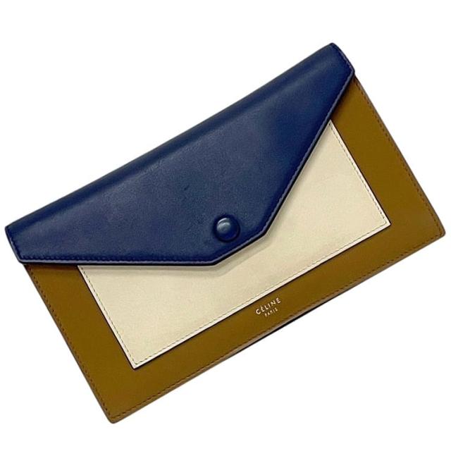 セリーヌ 二つ折り 長財布 f-23961 ブラウン ネイビー ホワイト 財布 美品 レザー 中古 S-MG-0184 CELINE ホック バイカラー ラージ フラップ 箱付き 茶色 紺 白 人気 定番 お洒落 上品 シンプル エレガント 高級感 革 ユニセックス  ブランド 本物 鑑定済み