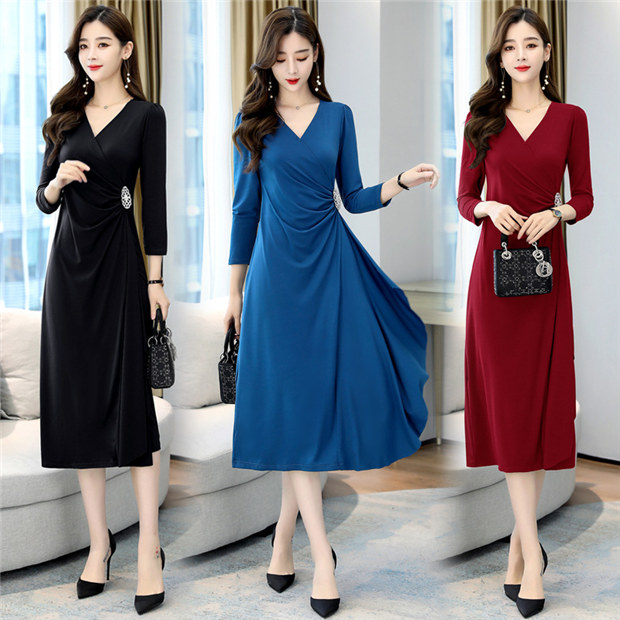 【送料無料】ドレス  イブニングドレス 演奏会 結婚式 パーティードレス お呼ばれ クルージング 袖あり 大きいサイズ カシュクール 紺 赤 フォーマル