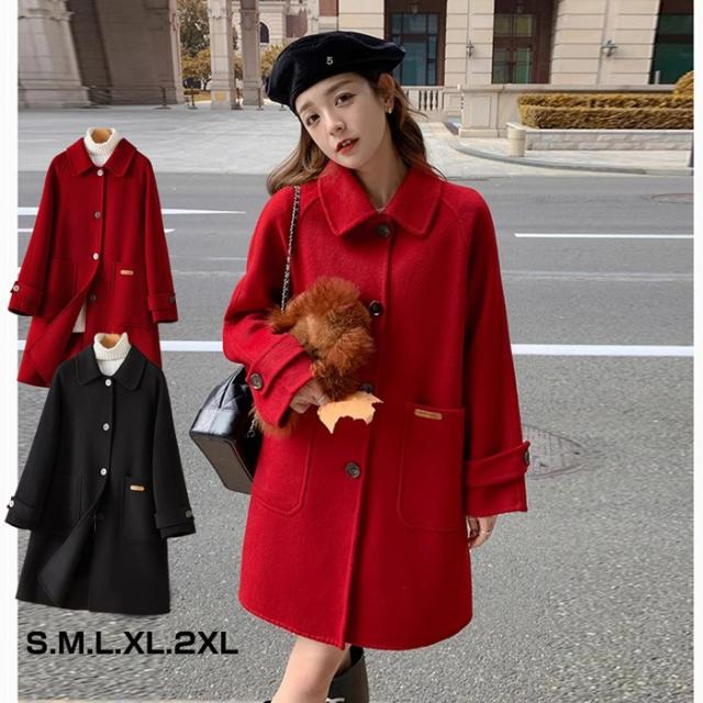 ステンカラーコート チェスターコート レディース コート 膝丈 アウター コート 韓国風 春秋 カジュアル シンプル 秋冬 防寒 可愛い あったか 綺麗な大人シルエット ブラック  レッド