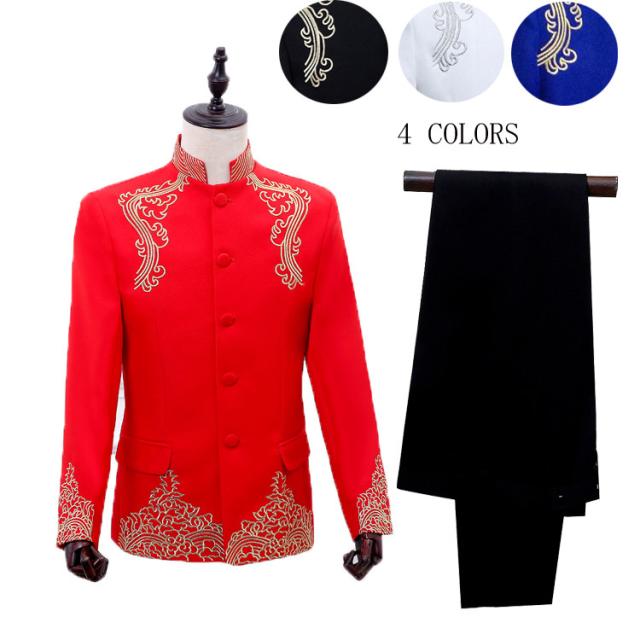 【送料無料】マオカラースーツ 大人用  大会 司会者 メンズ 男性用 刺繍  ステージ衣装  2点セット 合唱団 演奏会 発表会