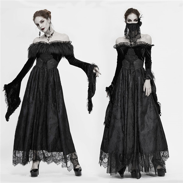 【送料無料】ドレス オフショルダードレス 肩出し ゴスロリ 長袖 編み上げで調節可能 ワンピース 中世 17世紀 ゴシック風 貴族風 ブラック 学園祭 文化祭 パーティー 演奏会 演劇