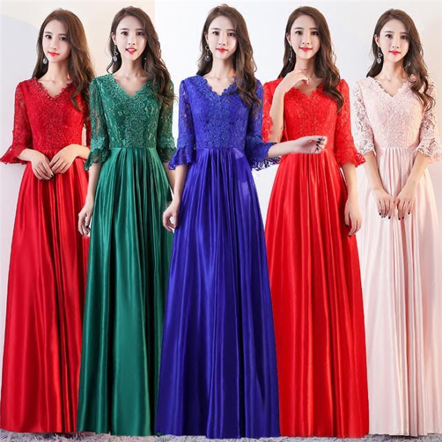 【送料無料】パーティードレス ブライズメイド 大きいサイズ  二次会 結婚式 ホテル カラー 制服 合唱団 コーラス レース ワンピース ロングドレス