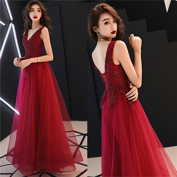 【送料無料】 ロングドレス パーティー 披露宴 二次会  Vネック フォーマル  花嫁  大きいサイズ  ワインレッド ノースリーブ ドレス 発表会 ウエディングドレス