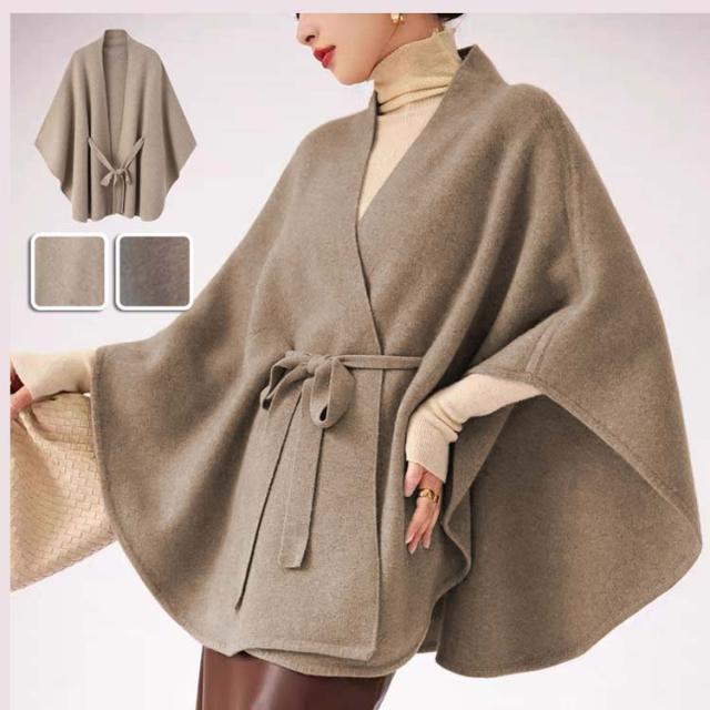 ニットマント ウールニット ケープ 大きいサイズ ニット ベージュ マント ニット ベルト付き カシミヤブレンドウール
