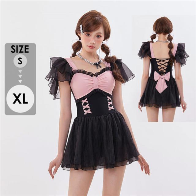 ワンピース水着 レディース ロリータ風 かわいい フリル  リボン 水着 肩出し 着?せ 撮影 温泉 プール ビーチ ピンク ブラック S M L XL