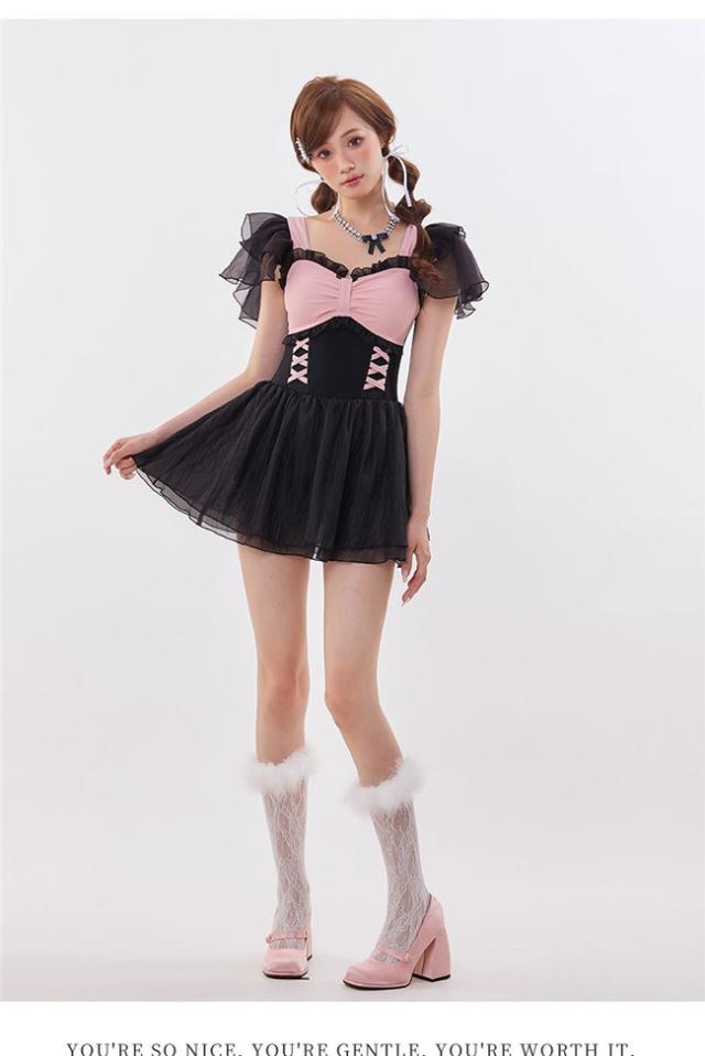 水着 レディース ロリータ風 メイド水着 リボン かわいい フリル オフ