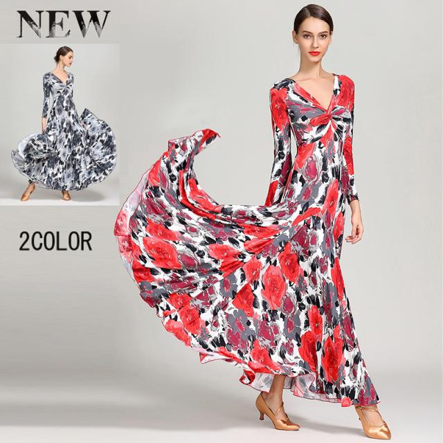 【送料無料】ラテン ダンス服 ダンスウェア 花柄 ワルツ専用ドレス ワルツ タンゴ ワンピース ルンバ  サンバ ラテンダンス ステージ衣装 2色可選