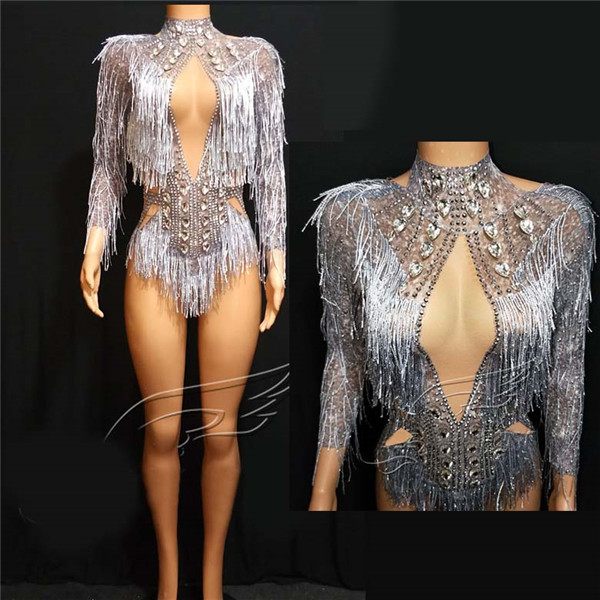 【送料無料】キラキラシルバー フリンジ ライン ダンスコスチューム ストーンジャンプスーツ セクシー  ビッグクリスタル ボディスーツ 女性用 コスプレ