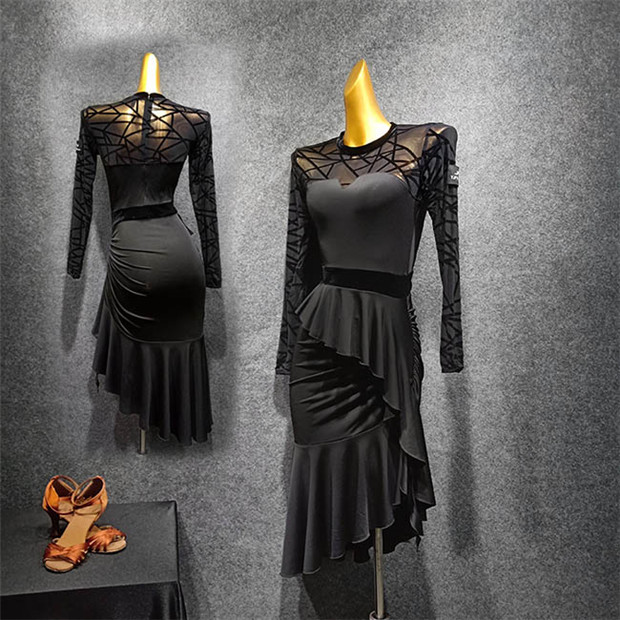 【送料無料】ラテンドレス  長袖 ラテンダンス ダンス衣装 演技服 S/M/L ワンピース 練習着 ワルツ チャチャチャ ラテン ステージ衣装 演出着 演出用