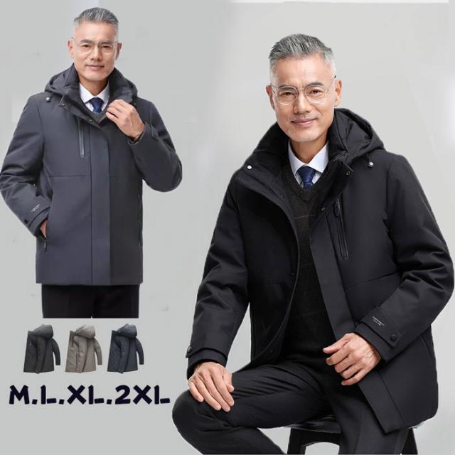 ダウンコート メンズ ダウンジャケット フード ハーフコート ビジネスコート 高品質 ダウン フェザー 黒 グレーブルー カーキ M.L.LL.3L