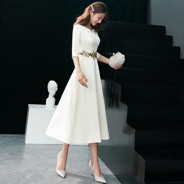 【送料無料】パーティードレス ドレス ミモレ丈 二次会 小さいサイズ 結婚式　大きいサイズ 体型カバー 長袖 フォーマル  謝恩会 二次会 卒業式 花嫁 ピアノ 発表会 ドレス 演奏会 20代 30代