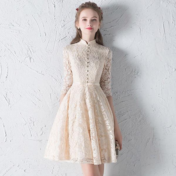 【送料無料】レース パーティードレス ショート丈 発表会 結婚式ワンピース 五分袖 ハイネック ファスナータイプ フォーマルドレス エレガント 二次会 シャンパン