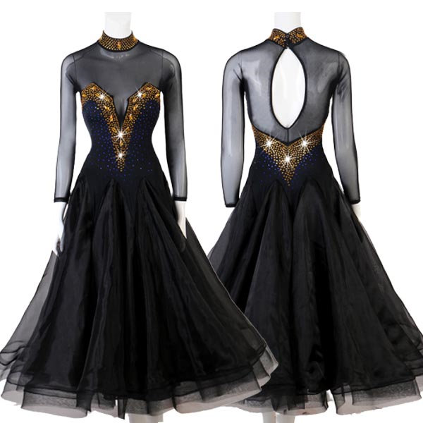 【送料無料】社交ダンス モダンドレス 大きい裾 豪華な社交ダンスドレス 競技着 練習着 スタンダードドレス ワルツダンス デモ用 ラテン衣装 ブラック サイズ指定可