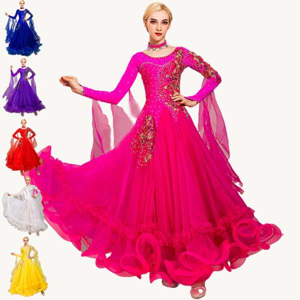 【送料無料】社交ダンス衣装 ダンス発表会 大きい裾 豪華な社交ダンスドレス 競技着 演出用 スタンダードドレス ワルツダンス デモ用 パーティー用 大きいサイズ