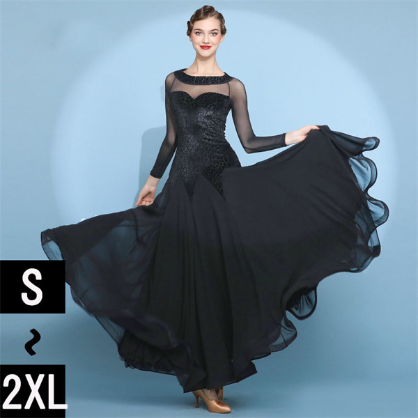【送料無料】社交ダンス ワンピース モダンドレス 黒 大きいサイズ 長袖 社交ダンスドレス 社交ダンス衣装 ダンス発表会 大きい裾 スタンダードドレス 競技着 練習着 演出用 ワルツダンス ダンス衣装 ダンスパーティー デモ用 パーティー用