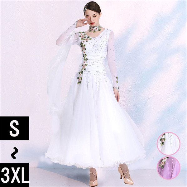 【送料無料】社交ダンス ワンピース モダンドレス 大きいサイズ 長袖 社交ダンスドレス 社交ダンス衣装 ダンス発表会 大きい裾 スタンダードドレス 競技着 練習着 演出用 ワルツダンス ダンス衣装 ダンスパーティー デモ用 パーティー用