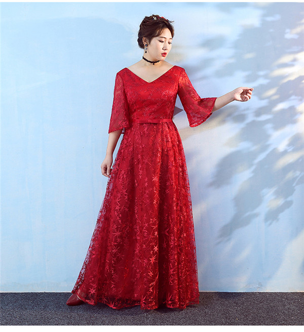 ロングドレス Vネック パーティードレス ロング丈 袖あり 大きいサイズ