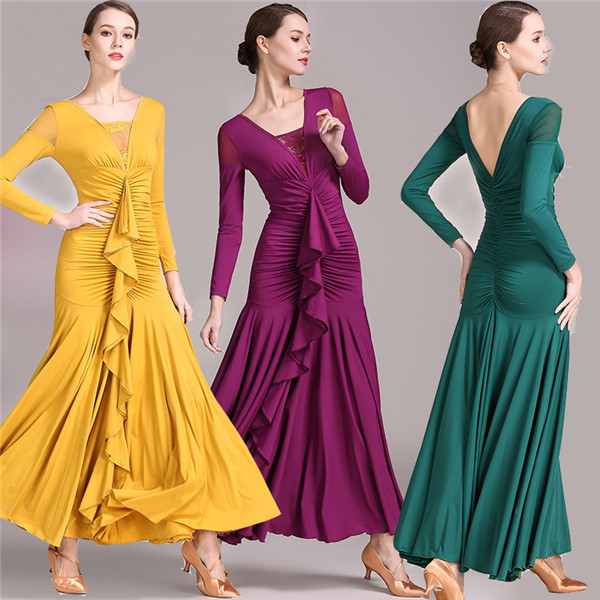 社交ダンス 衣装 モダンドレス ラテンドレス グリーン イエロー パープル ラテン衣装 社交ダンスドレス 大きい裾 ダンス衣装 競技着 練習服 演出用 S M L XL 2XL