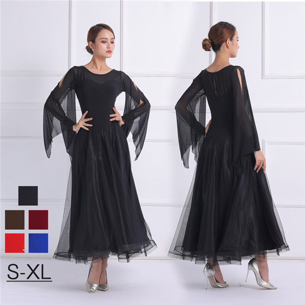 【送料無料】社交ダンスドレス ダンス衣装 社交ダンス ドレス 衣装　ダンスドレス ラウンドネック 長袖 袖あり 袖スリット シンプル スタンダードドレス ワルツ モダン 競技ダンス ダンスウェア レッスンウェアサフィア ワインレッド