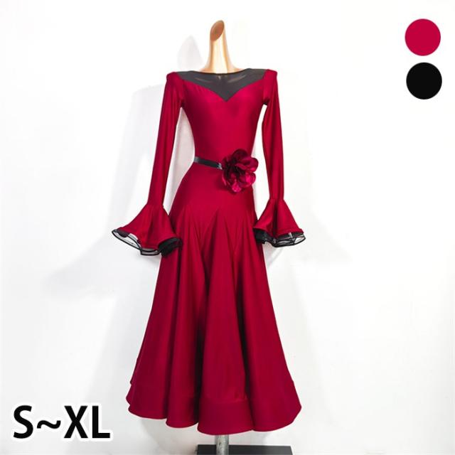 社交ダンスドレス モダンドレス 黒 赤 社交ダンス衣装  社交ダンス ドレス 衣装  長袖 大きい裾 スタンダードドレス ワルツダンス ワンピースドレス ステージ衣装 競技会 パーティー 発表会 競技着 練習着 舞台 演奏会 演出 ブラック ワインレッド