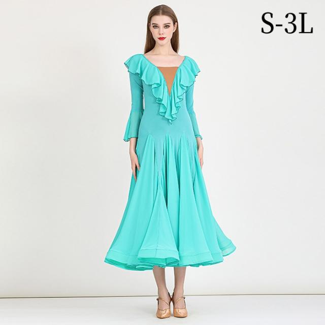 社交ダンスドレス モダンドレス  社交ダンス衣装  社交ダンス ドレス 衣装  長袖 大きい裾 スタンダードドレス ワルツダンス ダンス衣装