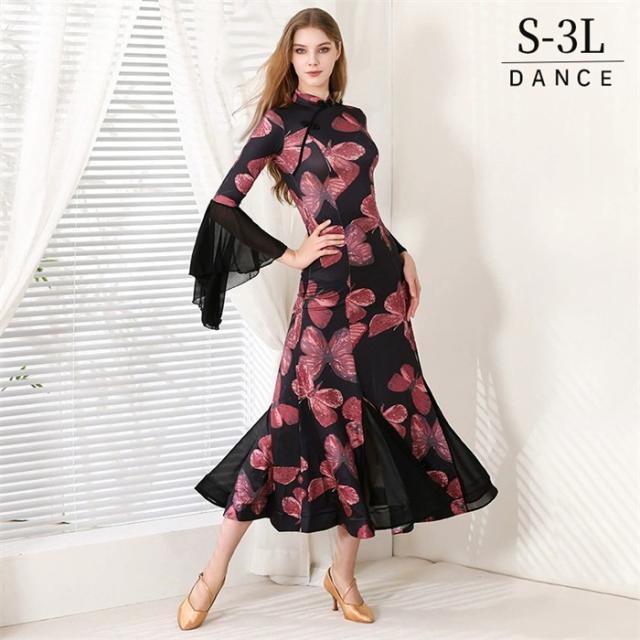 社交ダンス ドレス チャイナ風 モダンドレス ブラック 蝶柄 社交ダンス衣装 長袖 ワルツ レディース ハイネック フリル 民族ダンス ダンス衣装 ステージ衣装 イベント パーティー 発表会 競技用