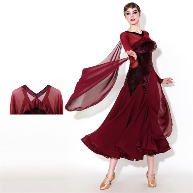 社交ダンス ドレス ロングドレス モダンドレス ワインレッド グリーン
