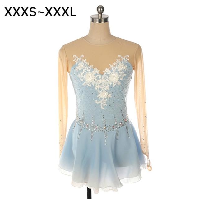 フィギュアスケート  女の子  ブルー 水色 コンクール 衣装 競技用 演出服 レッスン着 透け感 アイスダンス アイススケート ガール 長袖 レオタード フレア スカート ストレッチ キラキラ フォーマンス