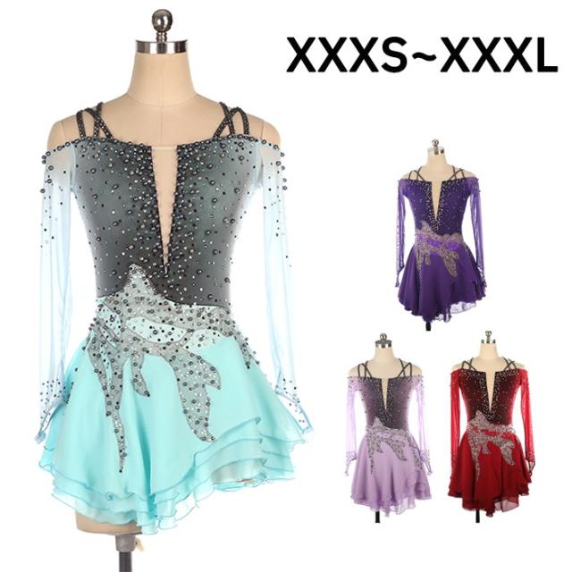 フィギュアスケート ドレス 女の子 レディース コンクール 衣装 競技用 演出服 レッスン着 透け感 アイスダンス アイススケート ガール 長袖 レオタード フレア スカート ストレッチ キラキラ フォーマンス